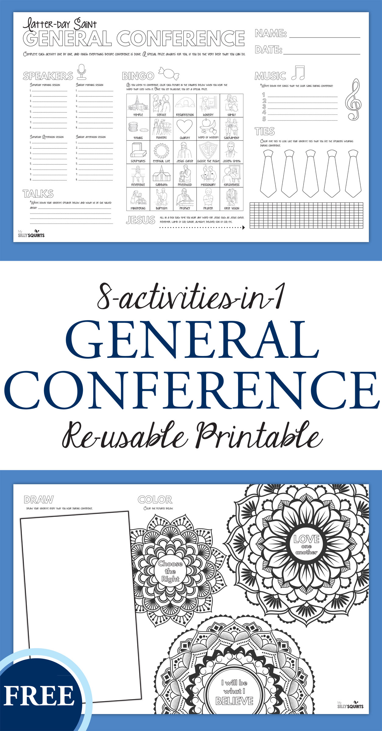 8-in-1 re-usable General Conference printable for kids - My Silly Squirts