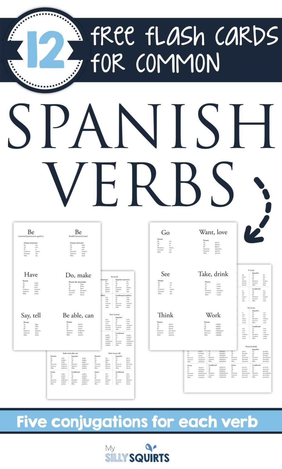 Print 12 free common Spanish verb conjugation flash cards - My Silly ...