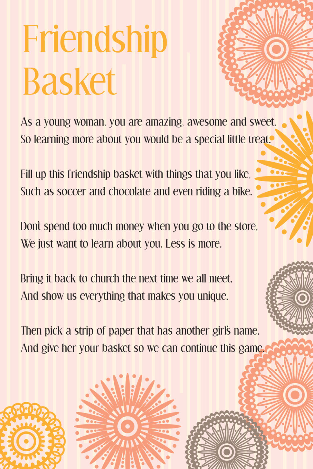 Start a Friendship Basket with your LDS Young Women group today (free ...
