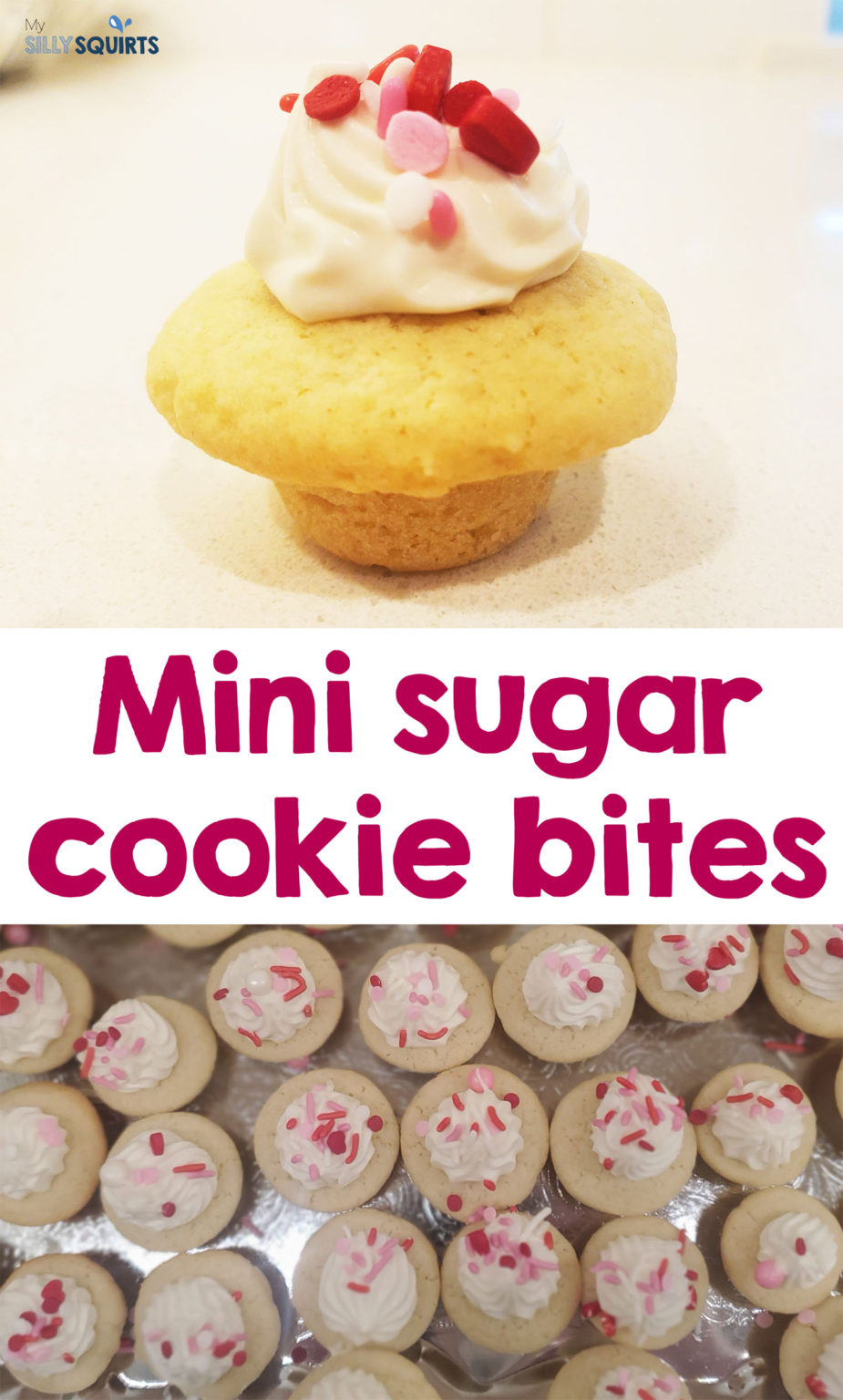 Mini sugar cookie bites with whipped cream frosting - My Silly Squirts